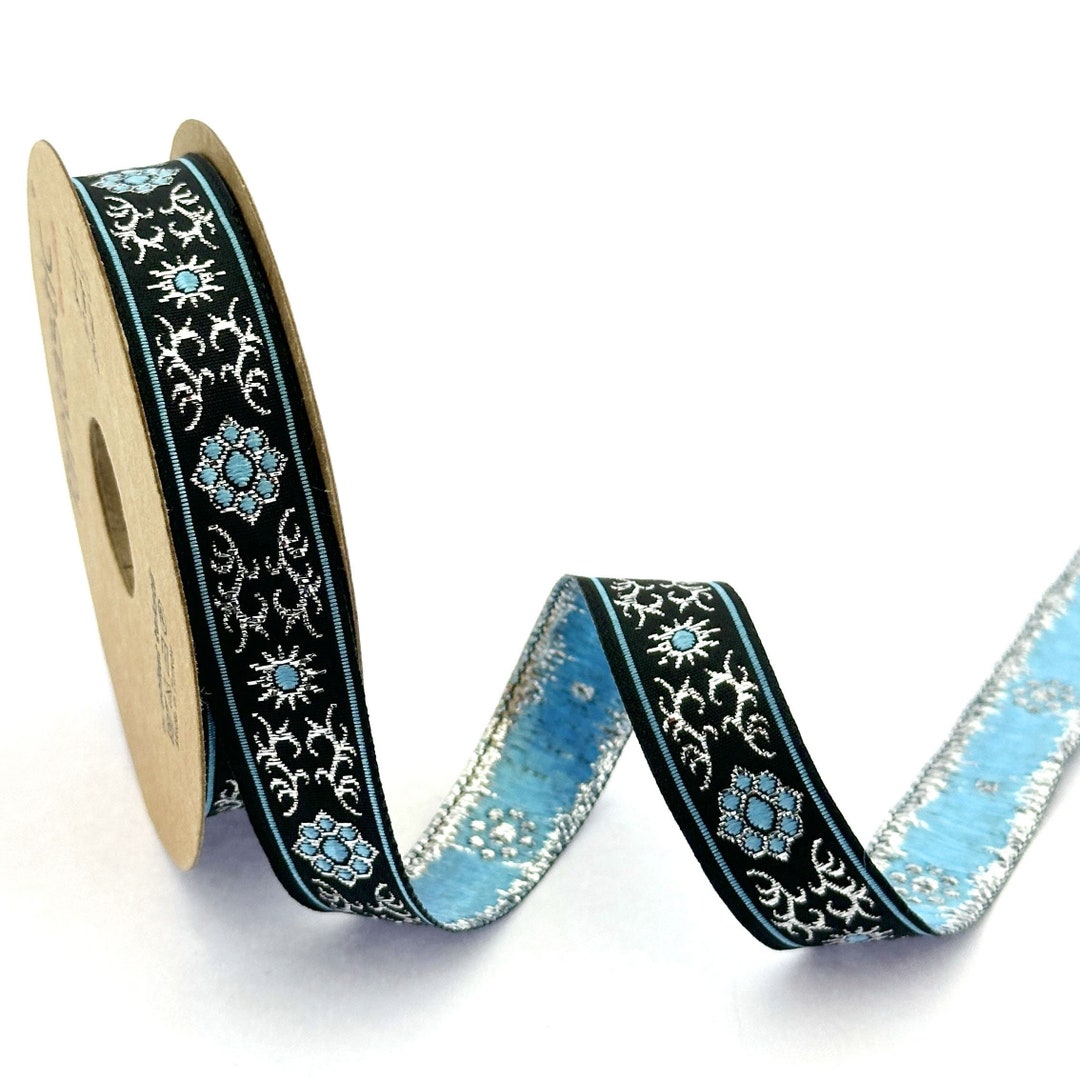 15 Mm (5/8 Inches) Metallic Blue Jacquard Ribbon, Embroidered Border ...