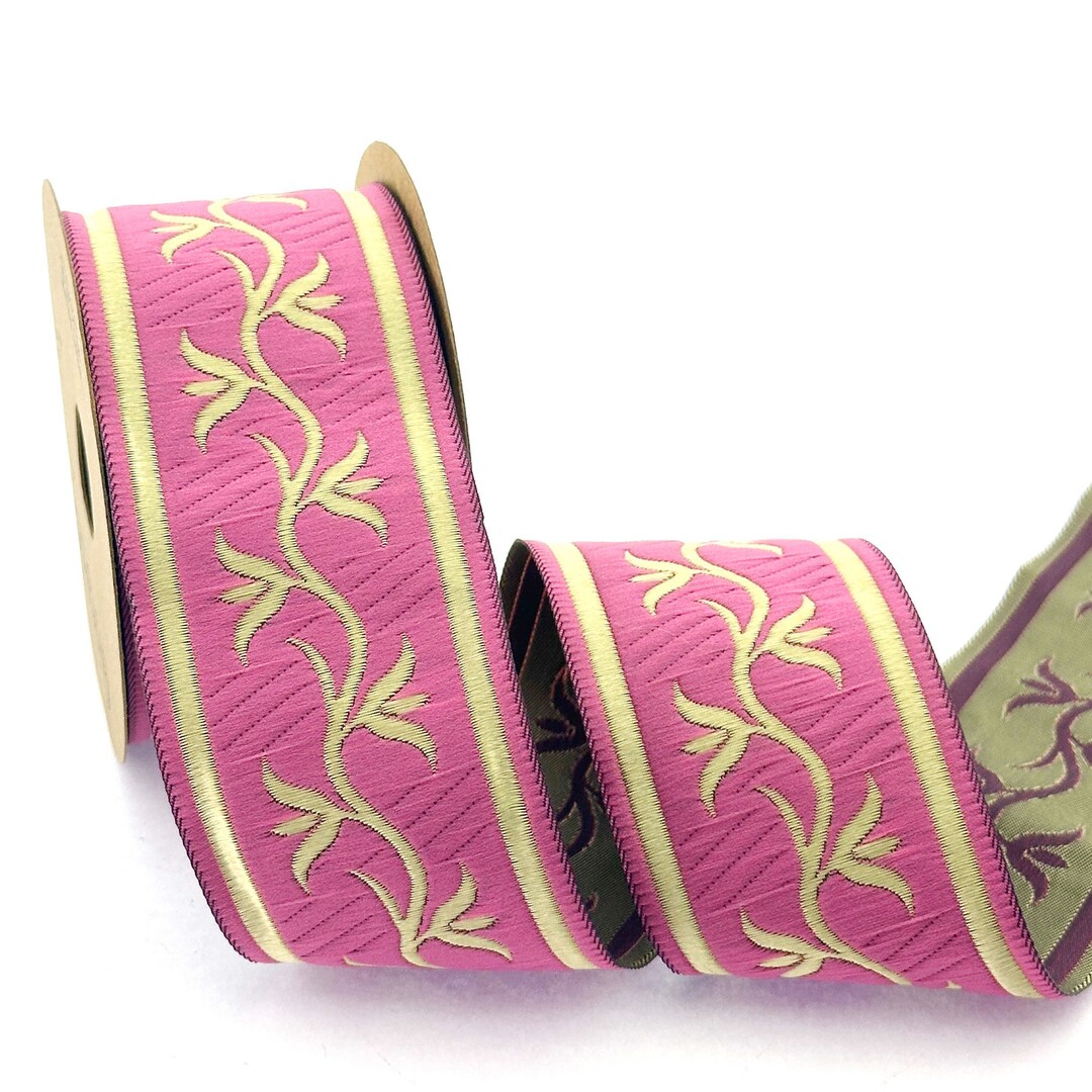 50mm (2.16 Inches) Pink&gold Ivy Pattern Jacquard Ribbon Trim, Floral ...