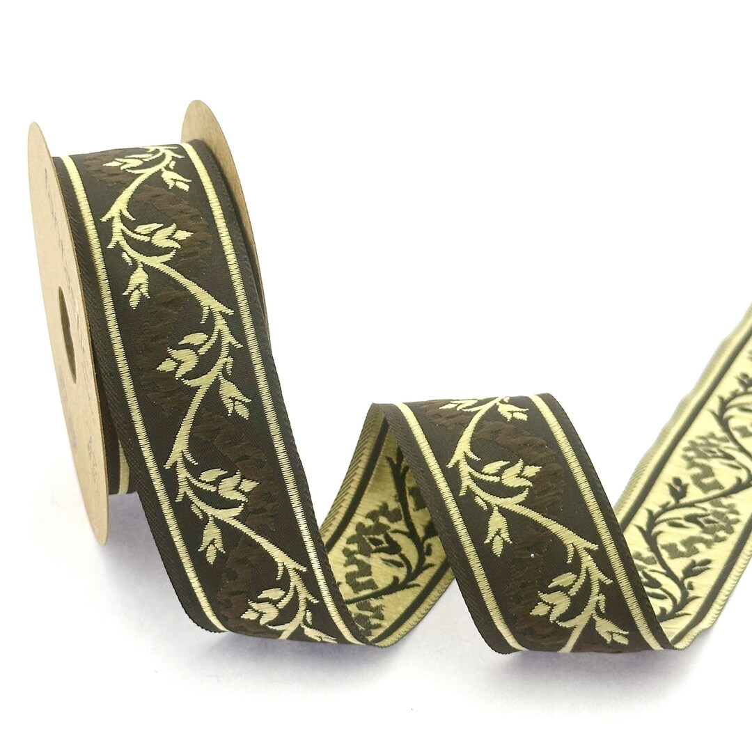 35 Mm - 1.25" Brown and Gold Jacquard Ribbon, Floral Embroidered Woven ...