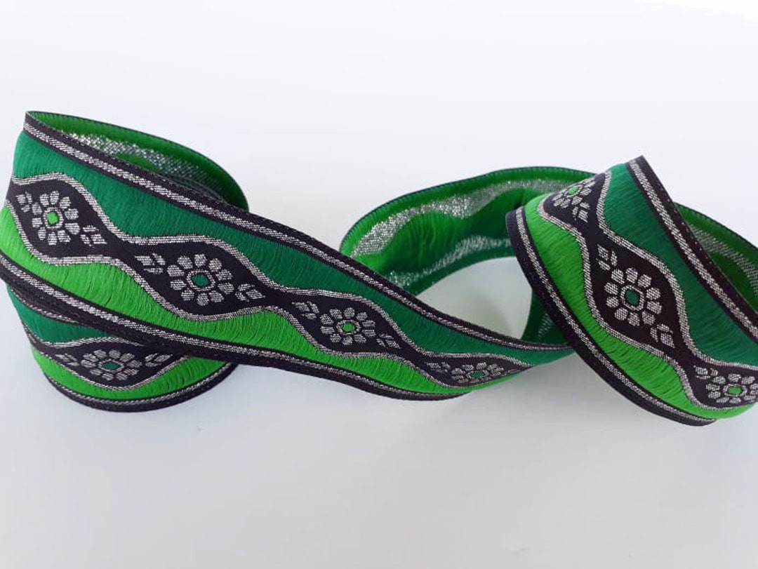 35 Mm - 1.25" Green Wave Daisy Motif Jacquard, Floral Costume Trim ...