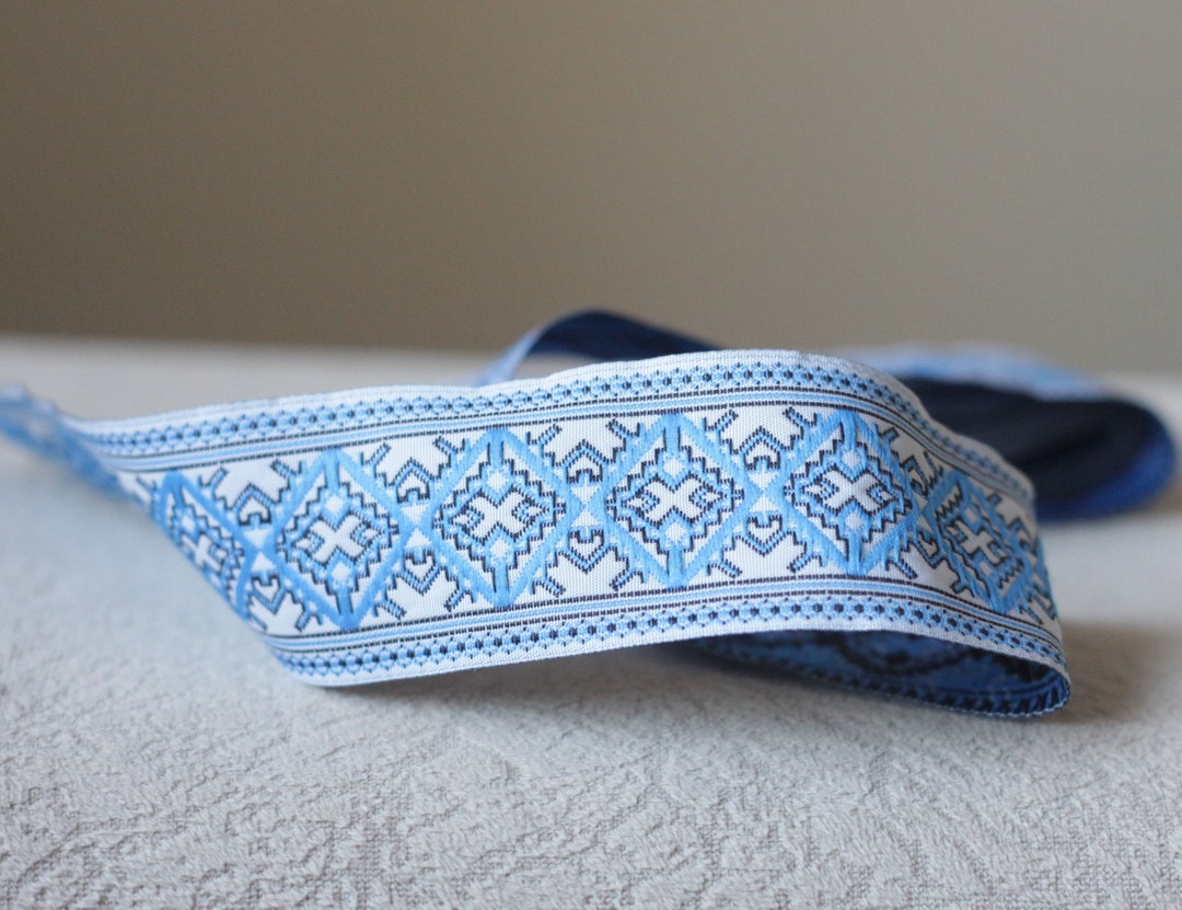 35 Mm - 1.25" Blue&white Jacquard Ribbon, Ethnic Trim, Ribbon Woven in ...