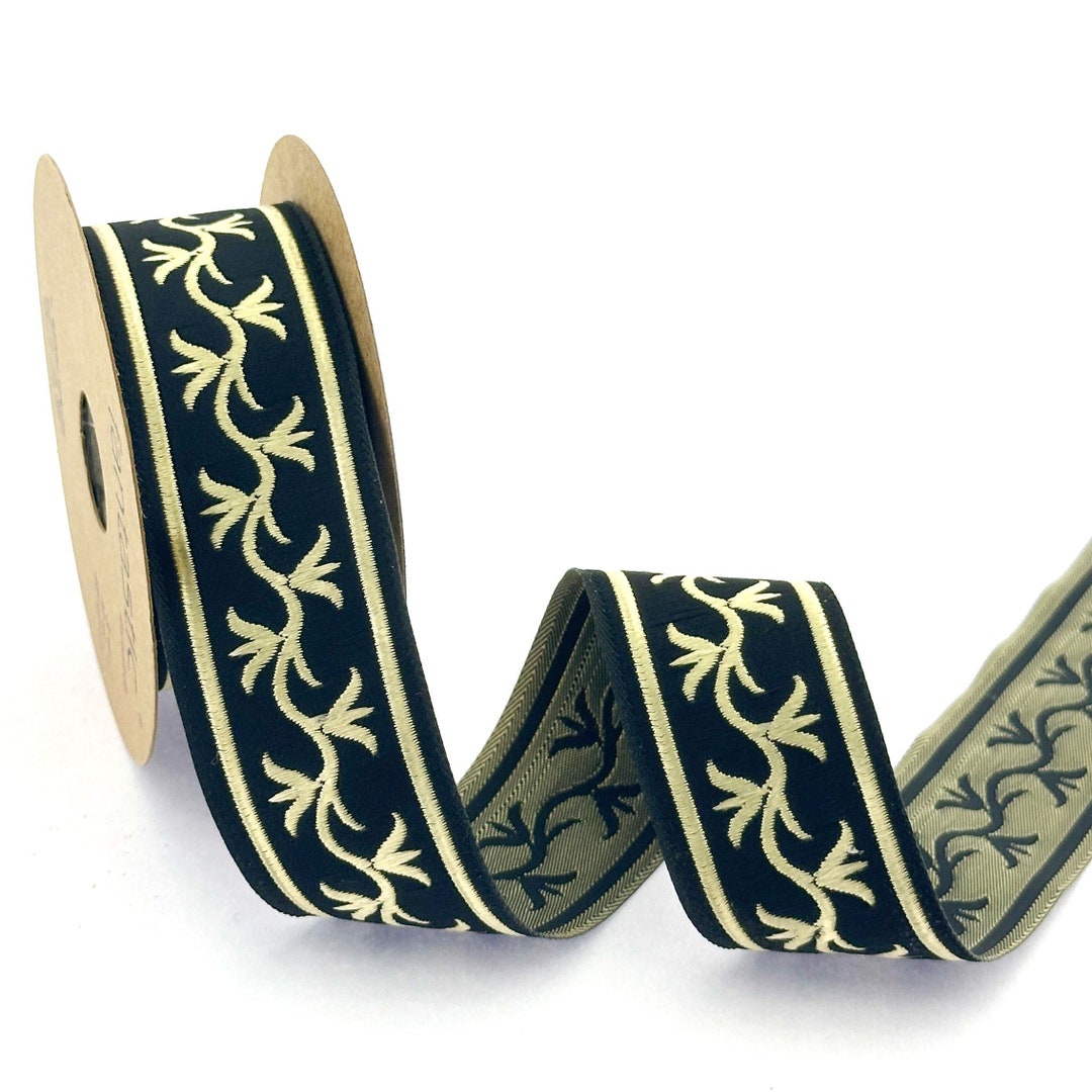 35 Mm - 1.25" Black and Gold Jacquard Ribbon, Woven Jacquard Ribbon ...