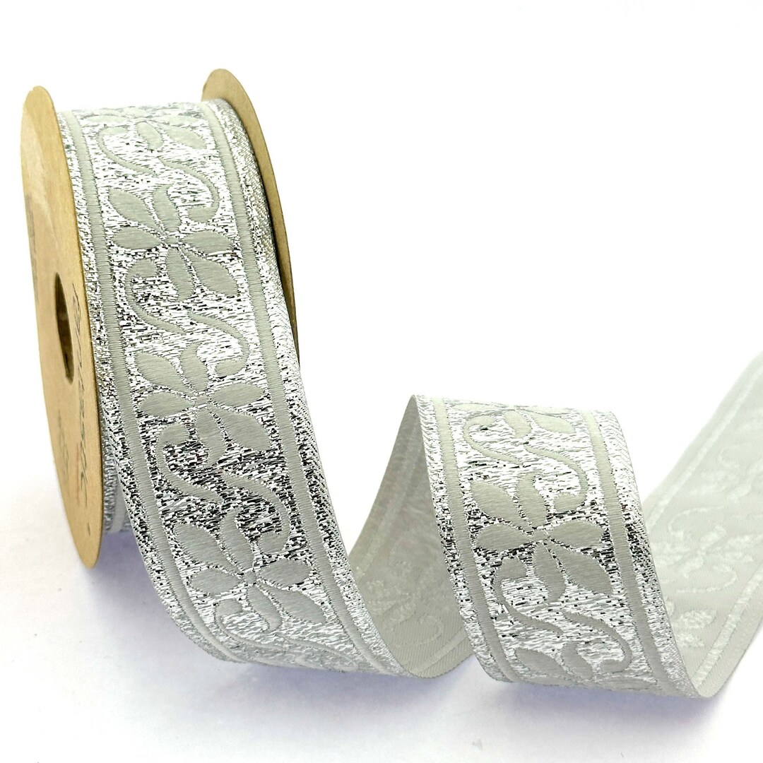 35 Mm - 1.25" Metalic Silver Jacquard Border, Shiny Silver Embroidered ...