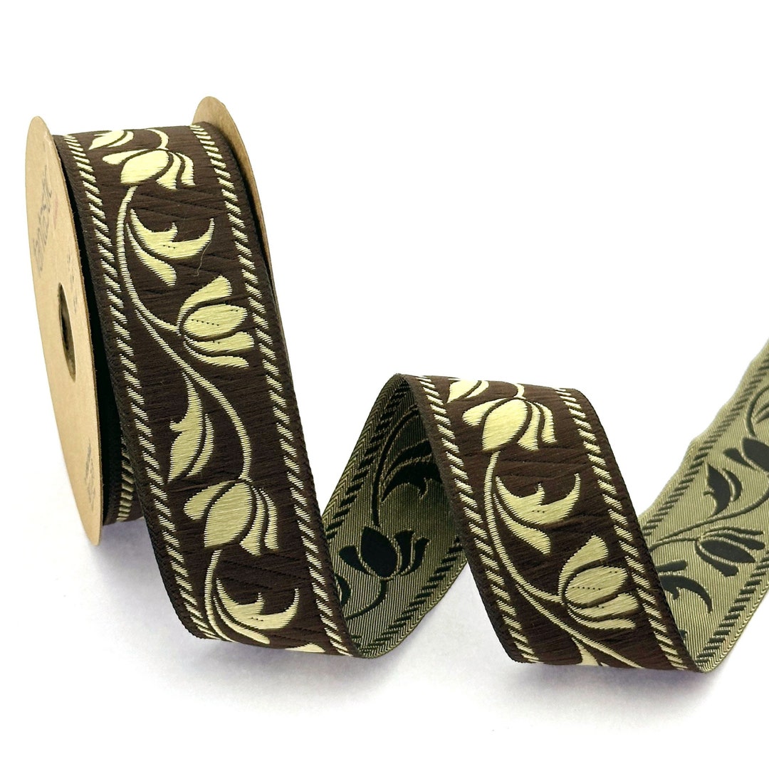 35 Mm - 1.25" Brown and Gold Jacquard Ribbon, Floral Embroidered Woven ...