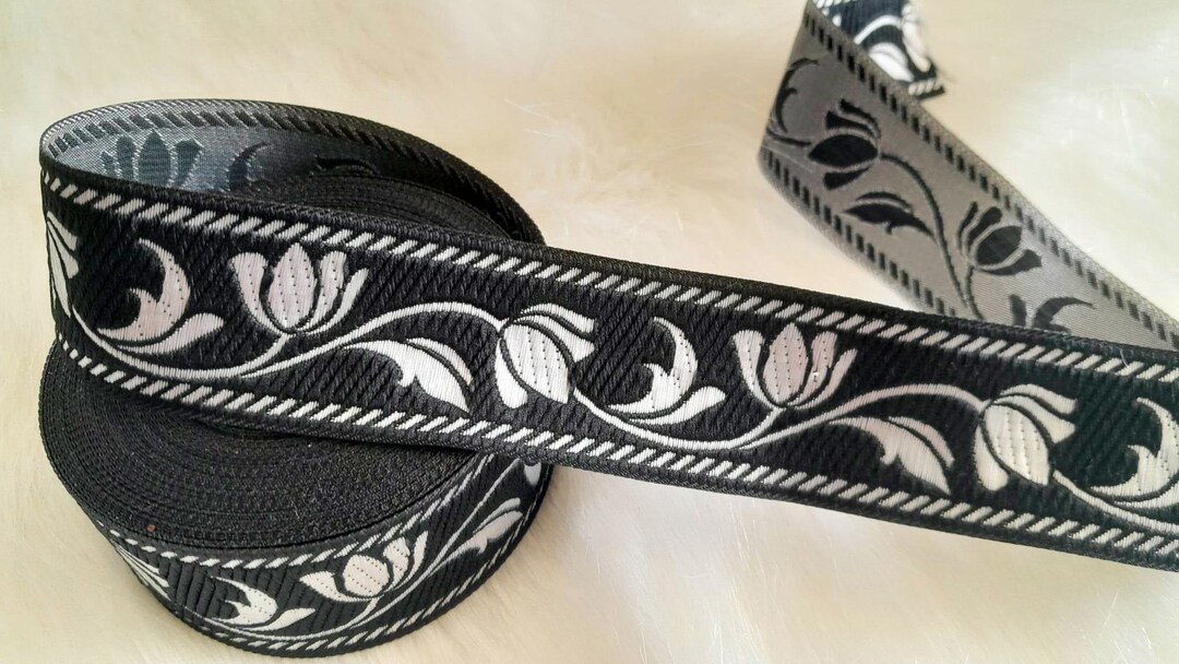 35 Mm - 1.25" Black&silver Jacquard Border, Embroider Jacquard Ribbon ...