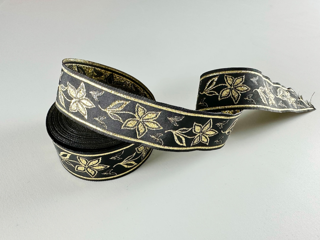 35 Mm - 1.25" Balck and Shiny Gold Jacquard Ribbon, Woven Jacquard Trim ...