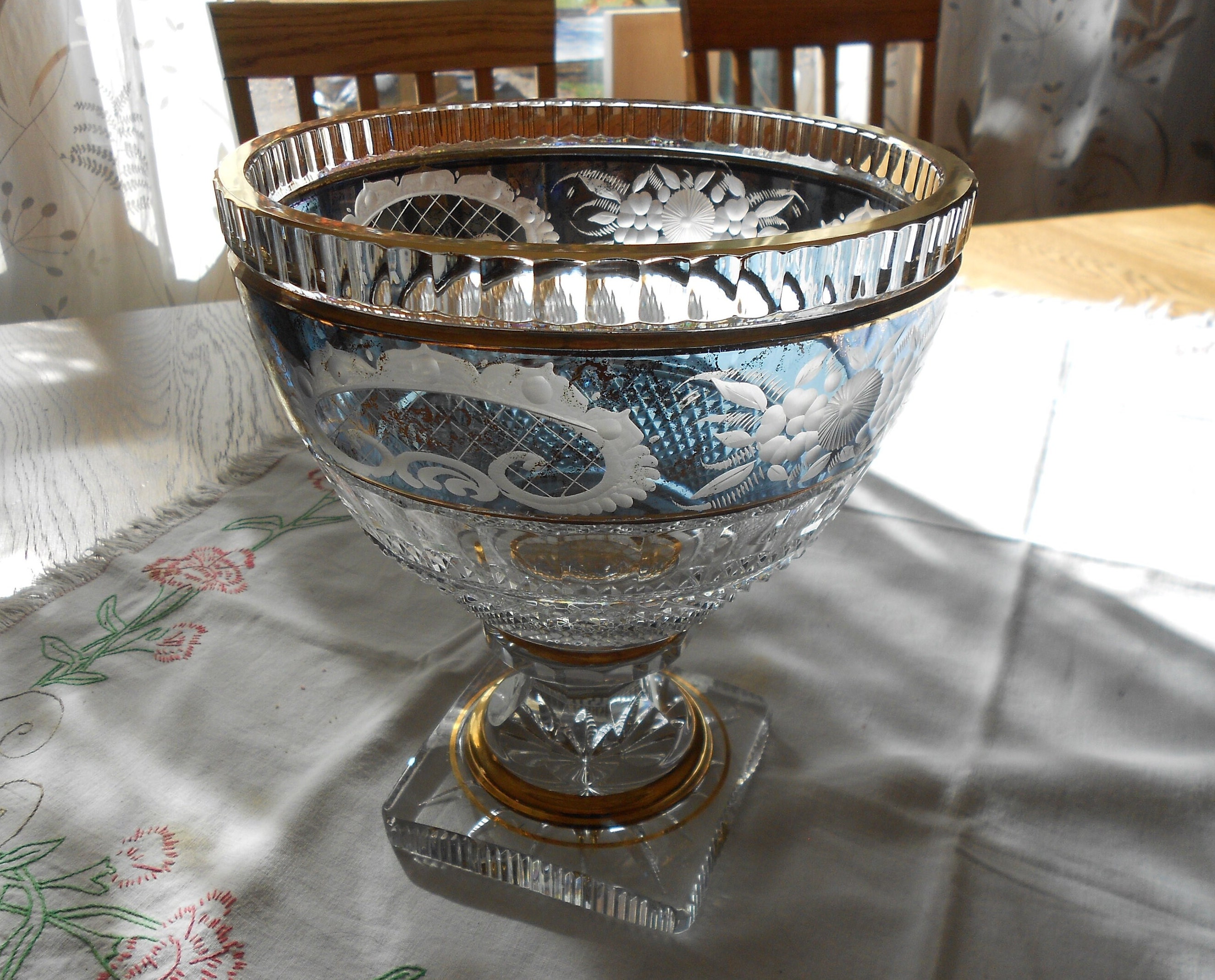 Vintage Bohemian Crystal and Gold Cachepot, Compote Bowl. Gold and Blue ...