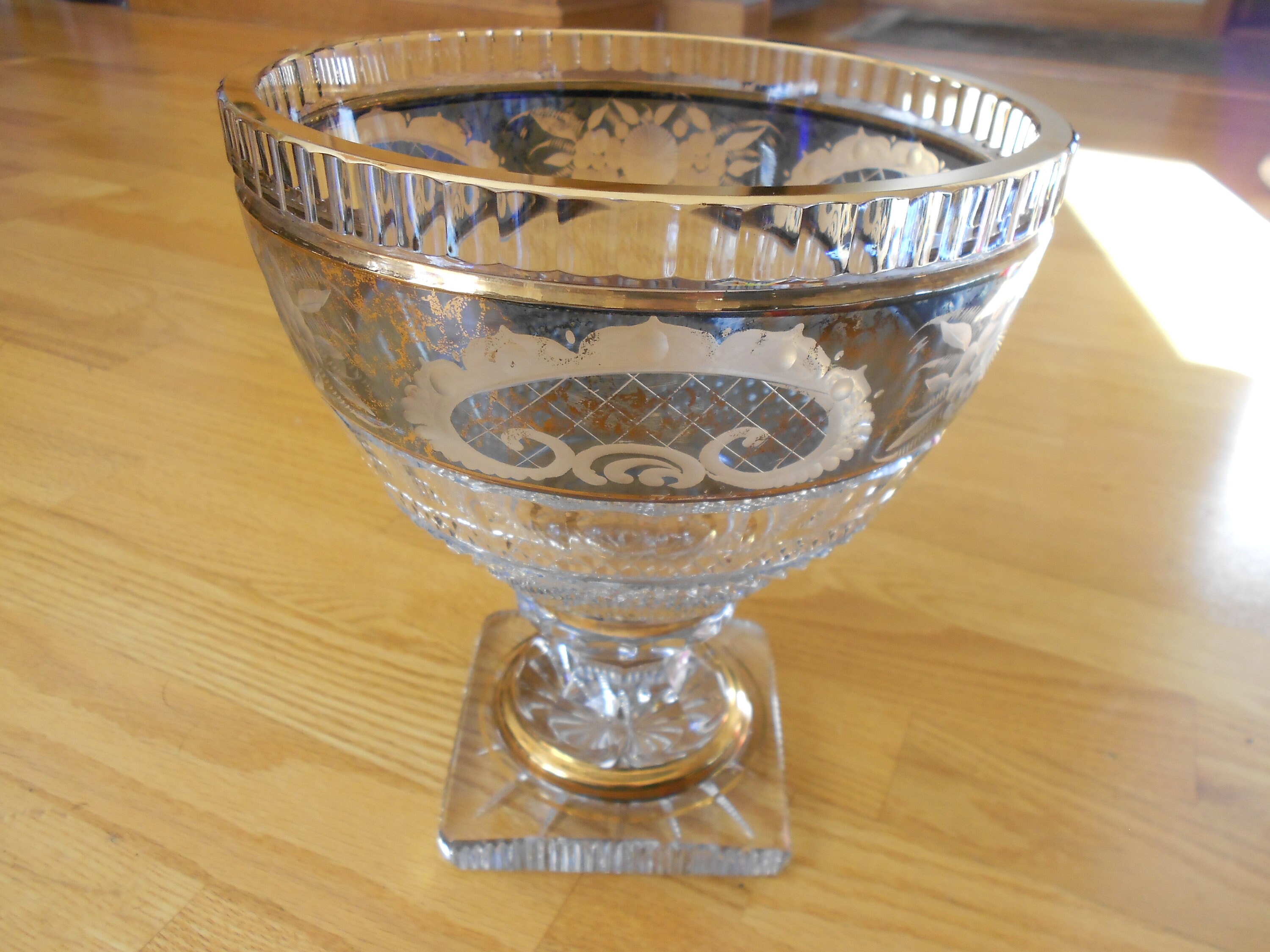 Vintage Bohemian Crystal and Gold Cachepot, Compote Bowl. Gold and Blue ...