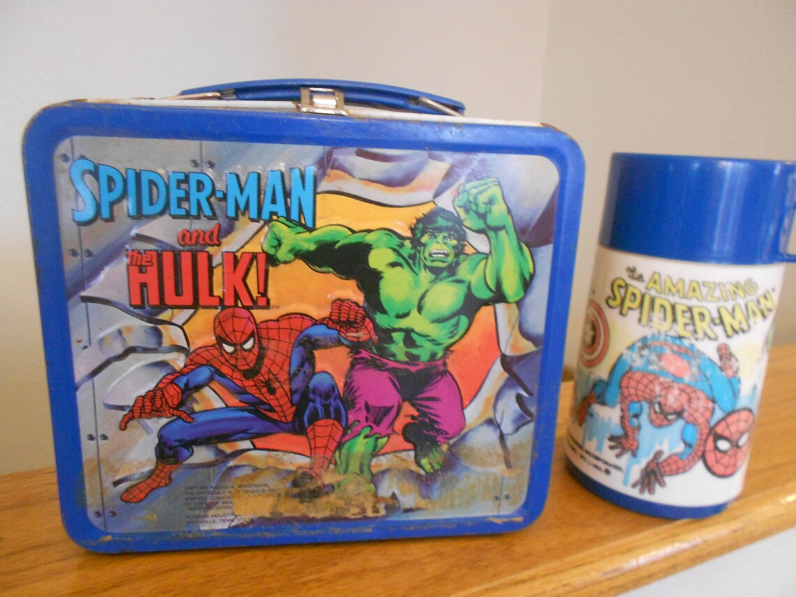 Vintage Tin Lunch Box. Hulk, Spiderman Themes With Thermos. 80s Toys ...