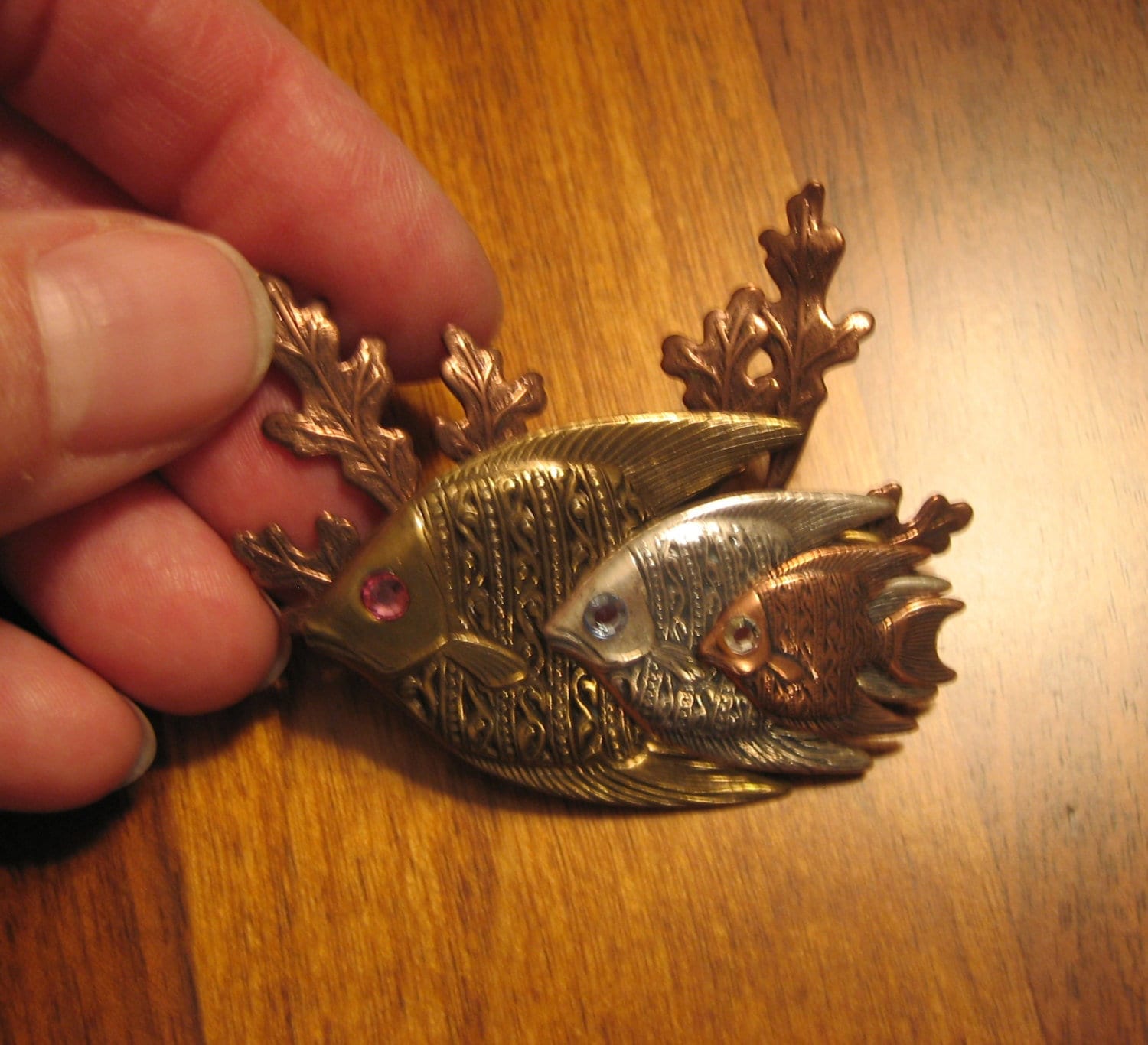 Vintage Copper, Silver and Bronze Fish Brooch. Rhinestone Eyes. - Etsy
