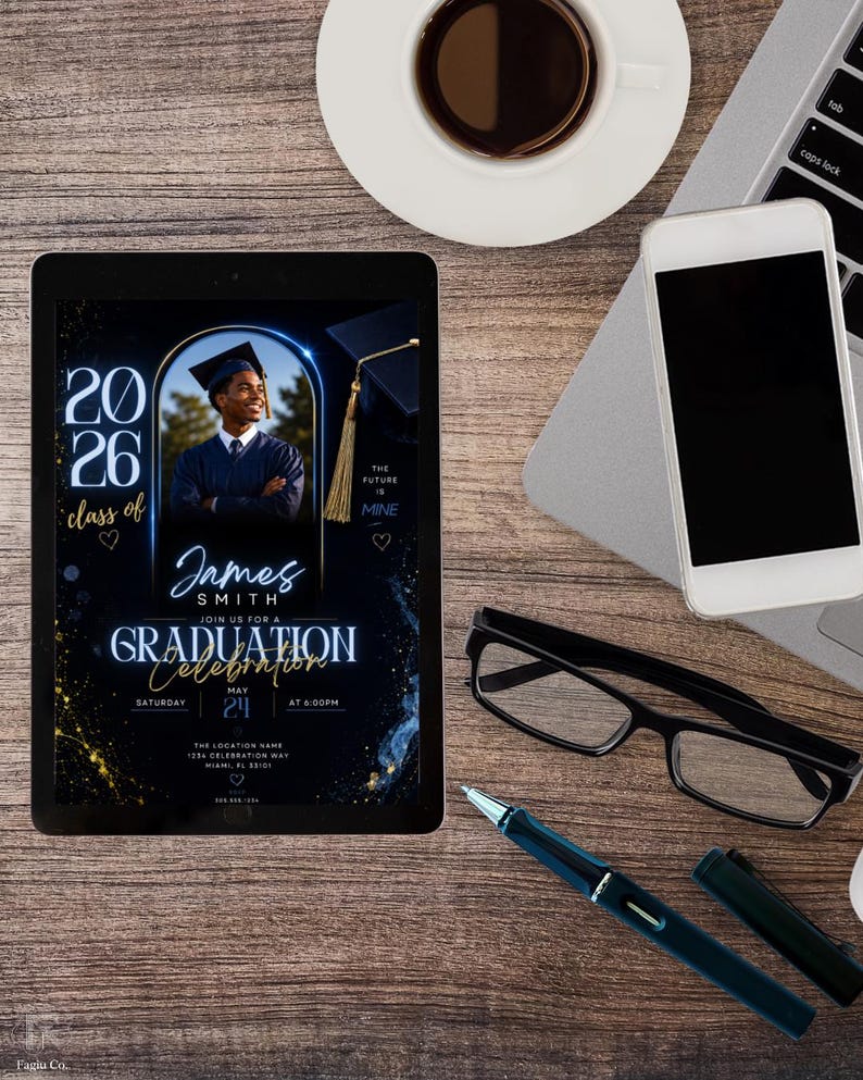 Blue Gold Graduation Invitation Boy, Class of 2026 Photo Party, Grad ...