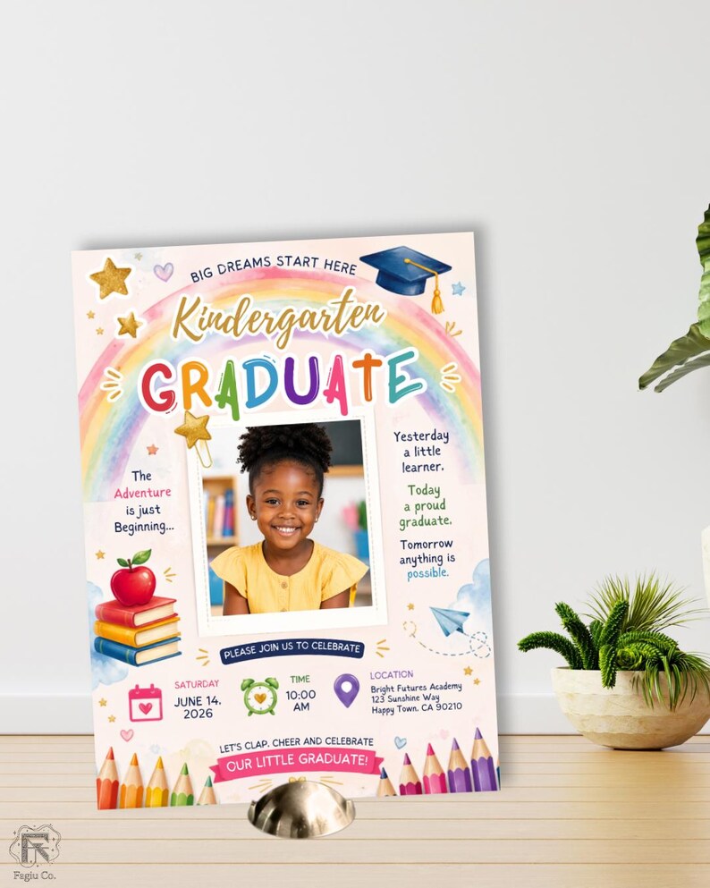 Rainbow Kindergarten Graduation Invitation Girl, Class of 2026 ...