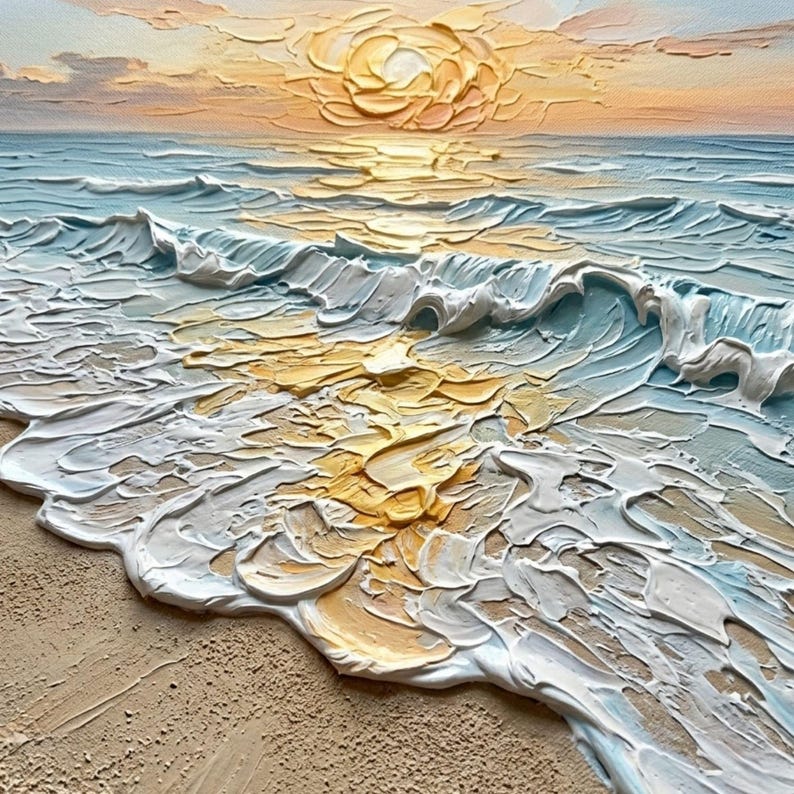 Hand Painted Textured Canvas Art, Golden Blue Ocean Wave Sunset ...
