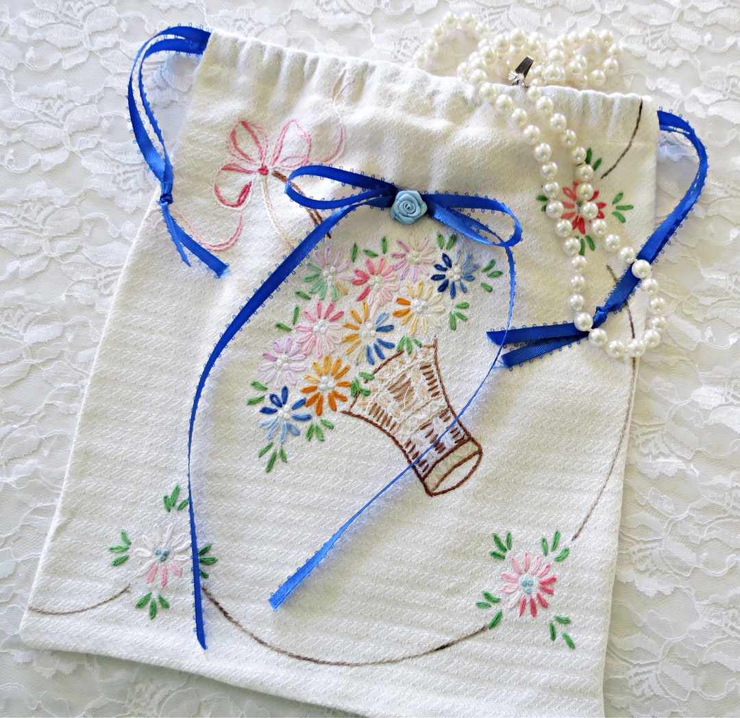 Drawstring Pouch Handmade From Vintage Linens Embroidered - Etsy