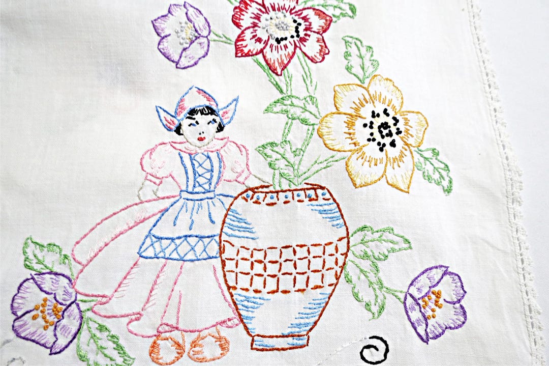 Vintage Embroidered Table Runner: Dutch Girl Cottage Decor (36 X 12) - Etsy
