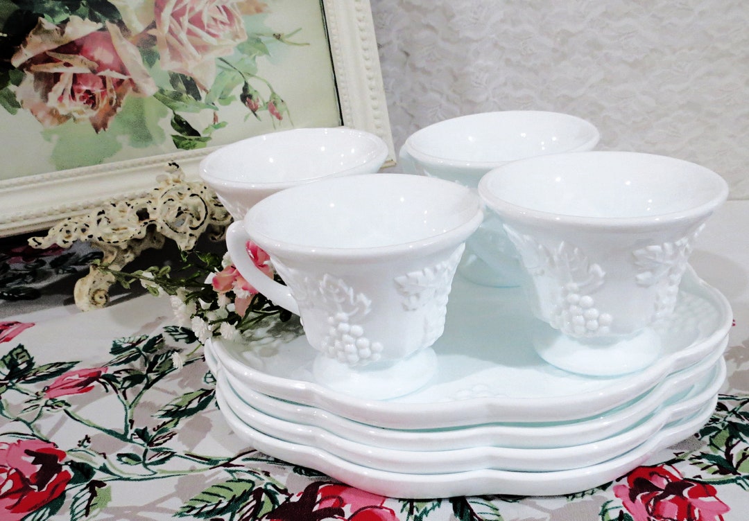 4 Vintage Milk Glass Snack Plate Sets in the Harvest Pattern, Tea and ...