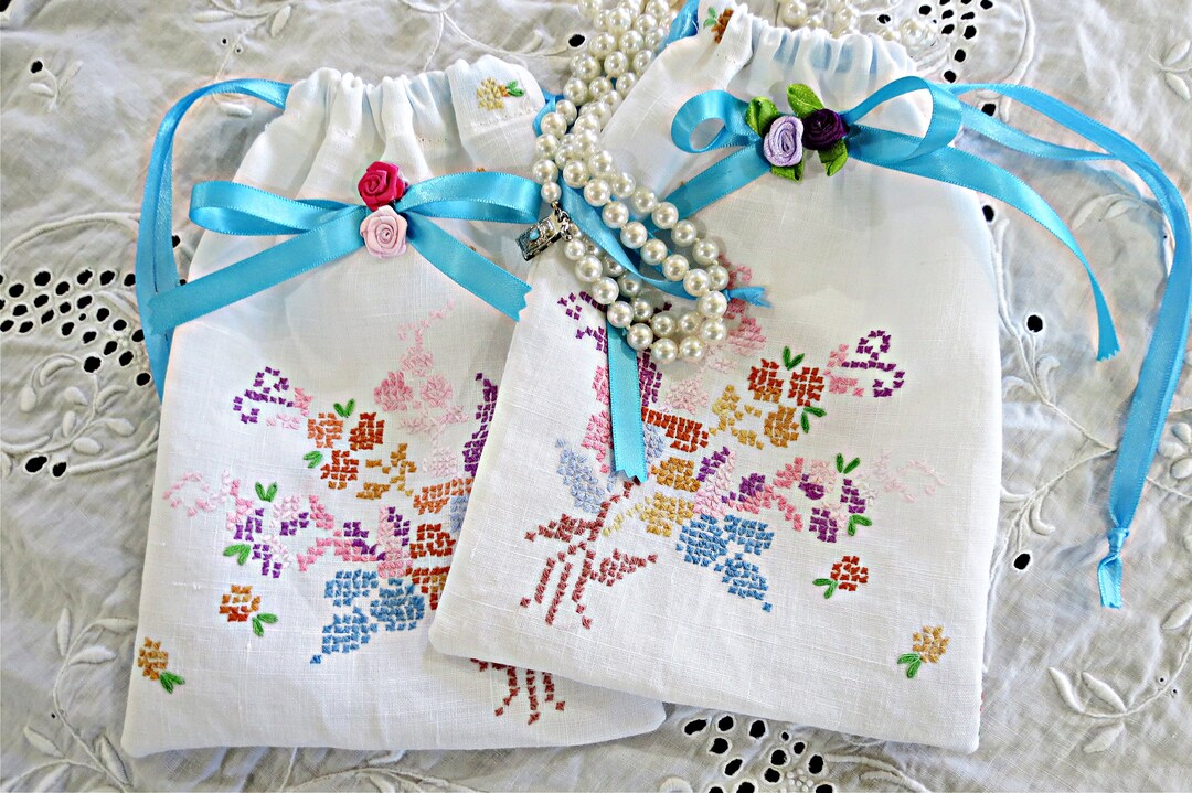 2 Small Drawstring Pouches Handmade From Vintage Linens, Embroidered ...