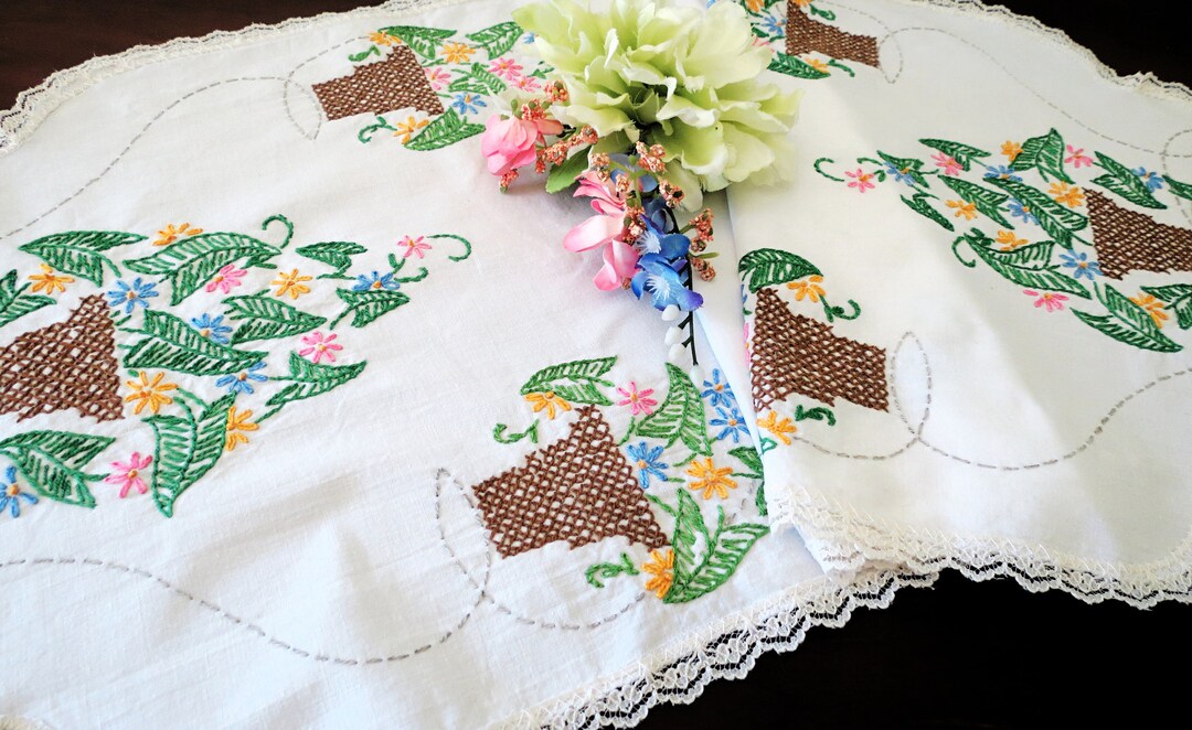 Colorfully Embroidered Vintage Table Runner or Dresser Scarf, 38 X 13 ...