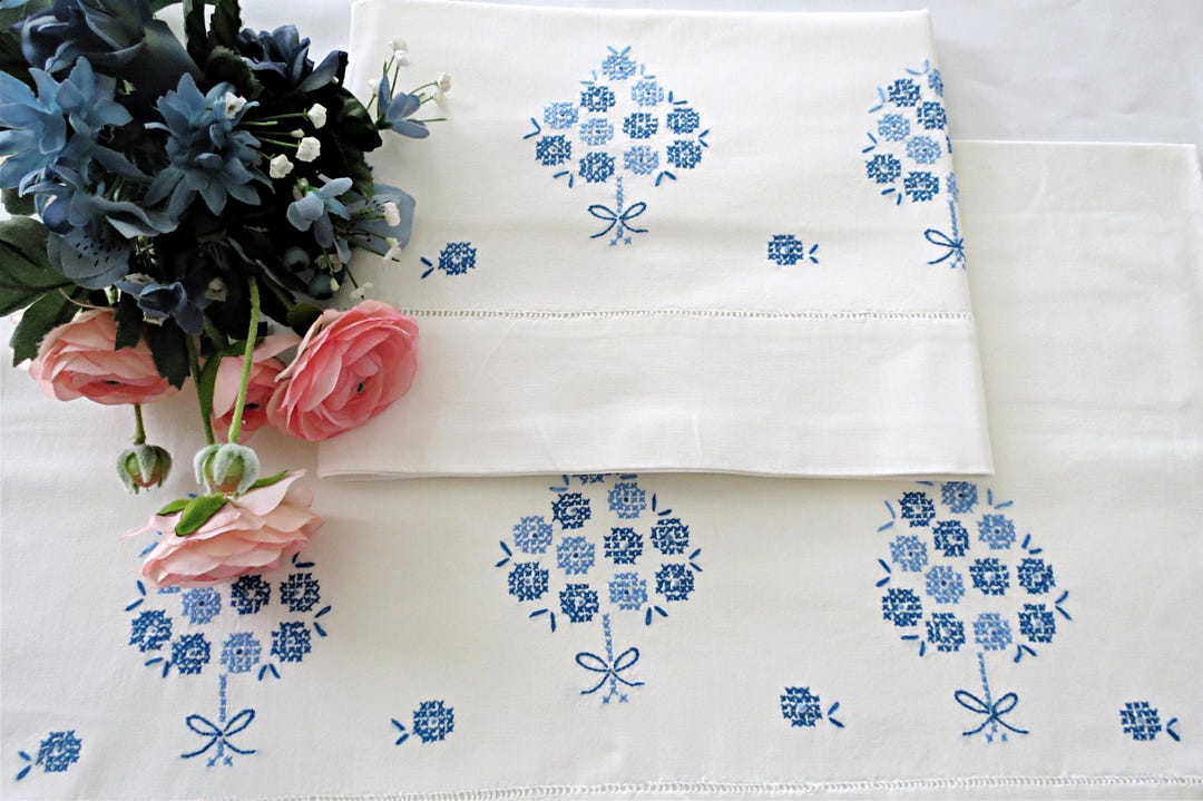 Hand Embroidered Vintage Pillowcases, White Cotton With Shades of Blue ...