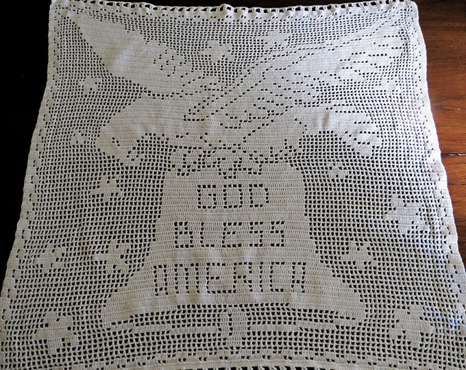Vintage Filet Crochet Wall Hanging or Curtain Panel, God Bless America ...