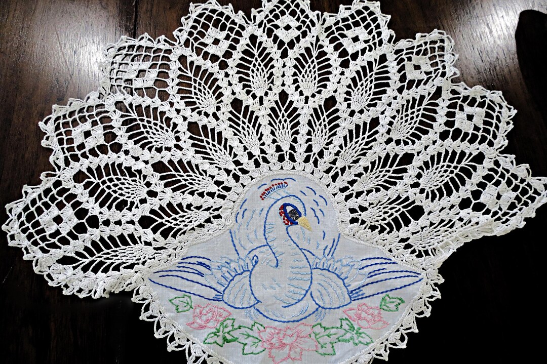 Vintage Peacock Doily, Hand Embroidered / Crocheted, Large Tabletop ...