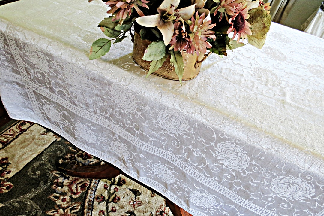 Vintage Damask Tablecloth, Square Ivory Colored Tablecloth ...
