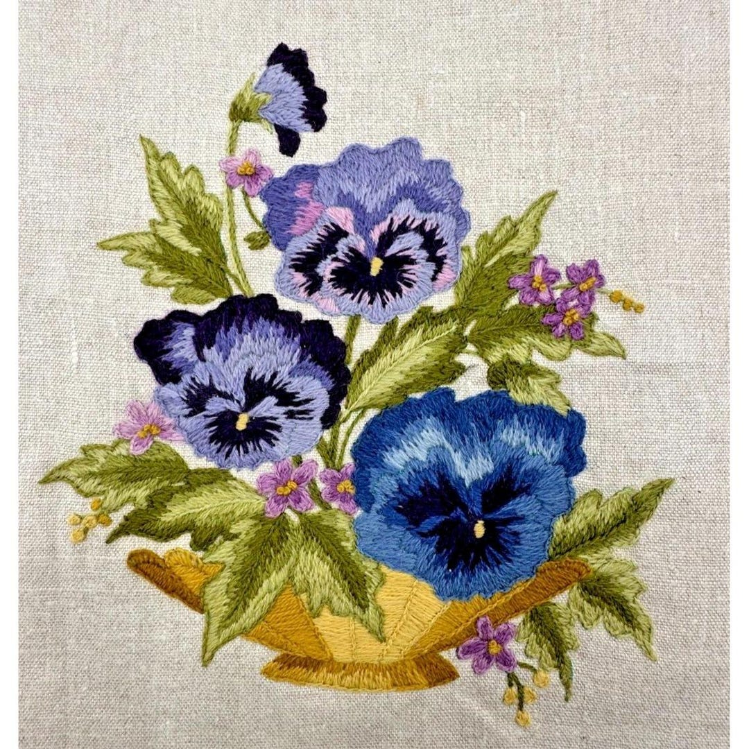 Elsa Williams Crewel Embroidery Bowel of Purple Pansies Finished Piece ...