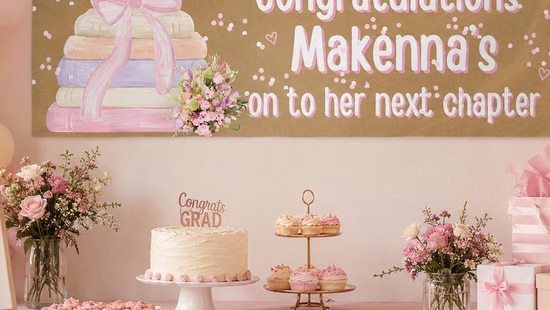 Editable Graduation Banner, Girly Book Party Decor, Pink Bow Kraft ...