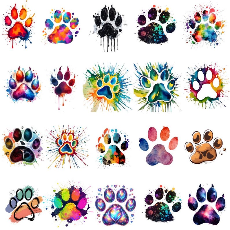 Colorful Paw Print PNG Bundle, Rainbow Watercolor Tie-dye Glitter ...