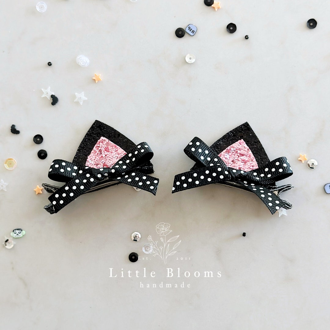 Cat Ears Bow Hair Clips Black Glitter Cat Ears - Etsy