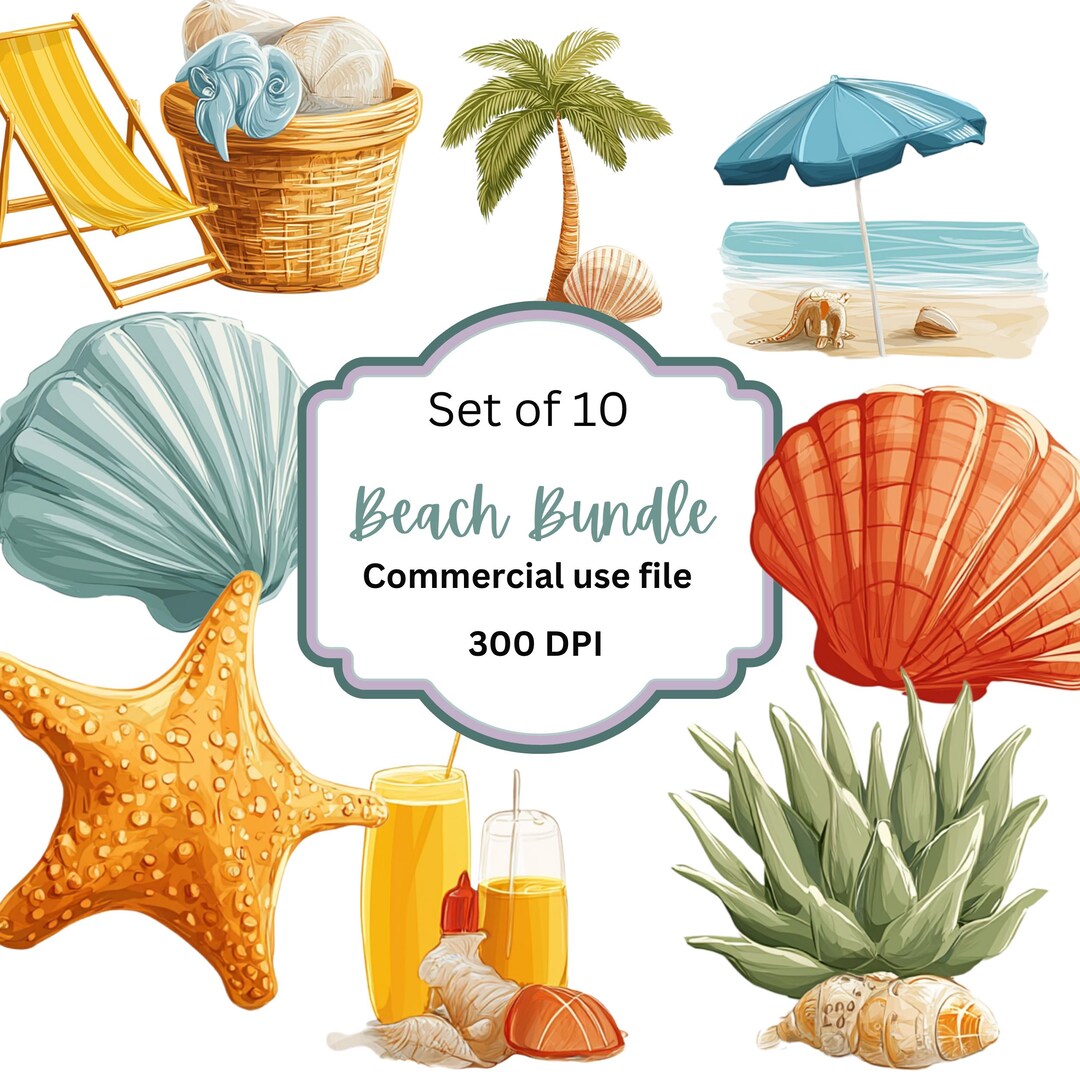 Beach Bundle 10 PNG | Watercolour / Beach/ Ocean / Summer | Commercial ...