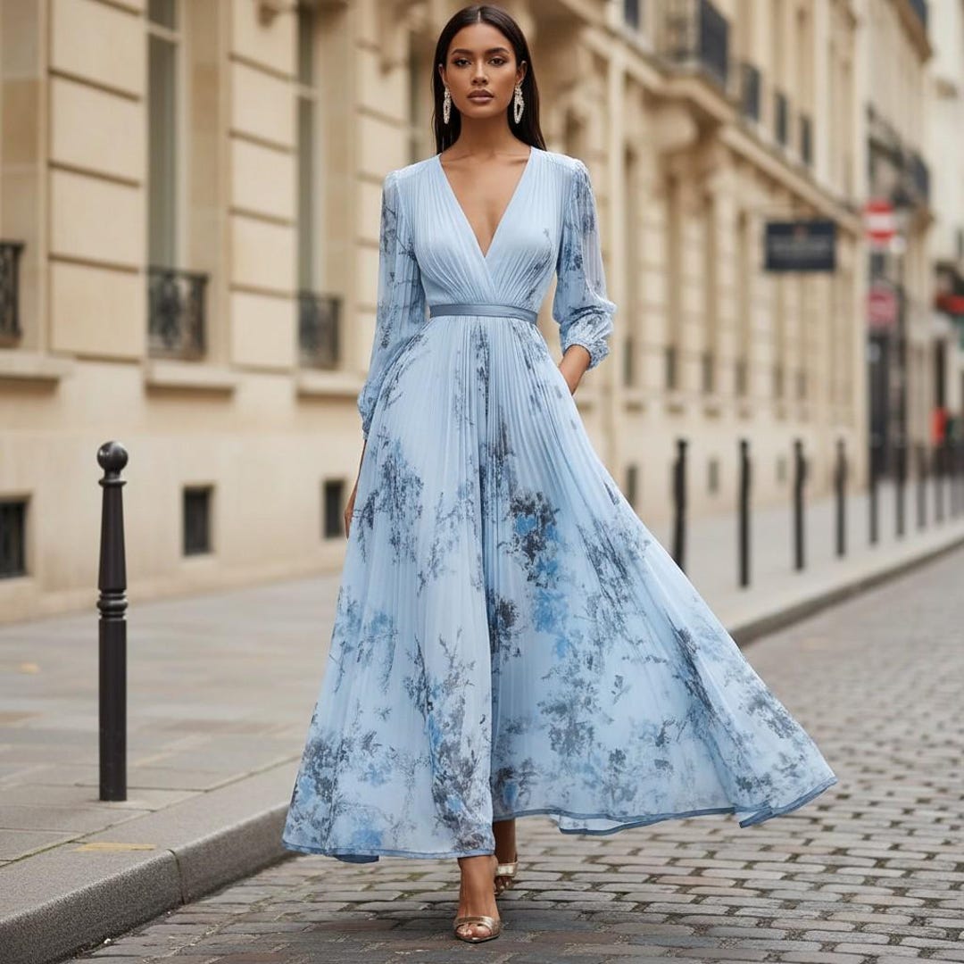 Elegant Printed Midi Dress: V-neck, Long Sleeve, Flowy Boho Chic Summer ...