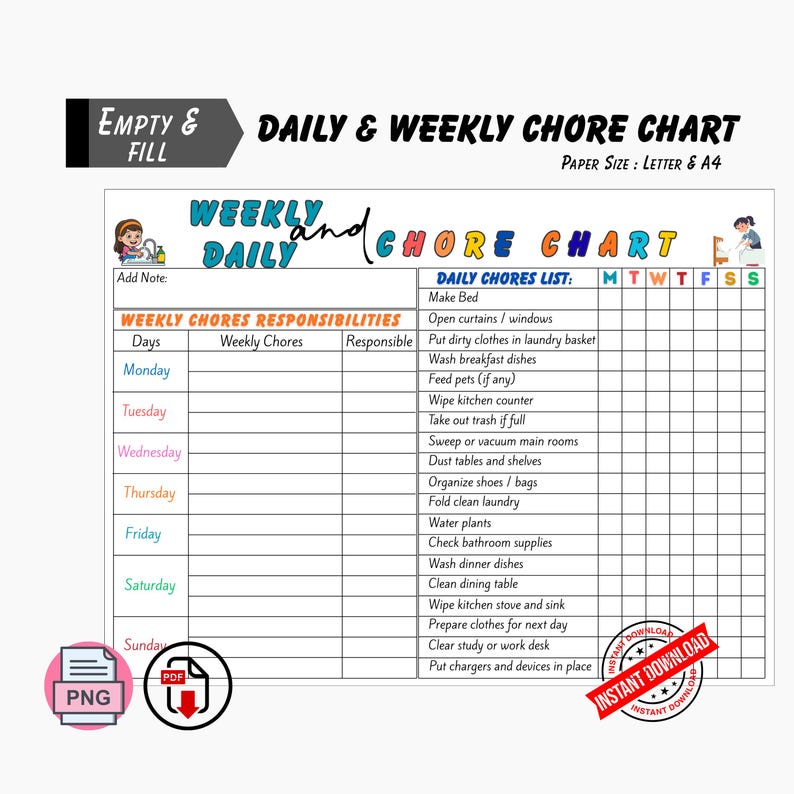 Chore Chart | Digital Printable Daily & Weekly Chore List | Family Home ...