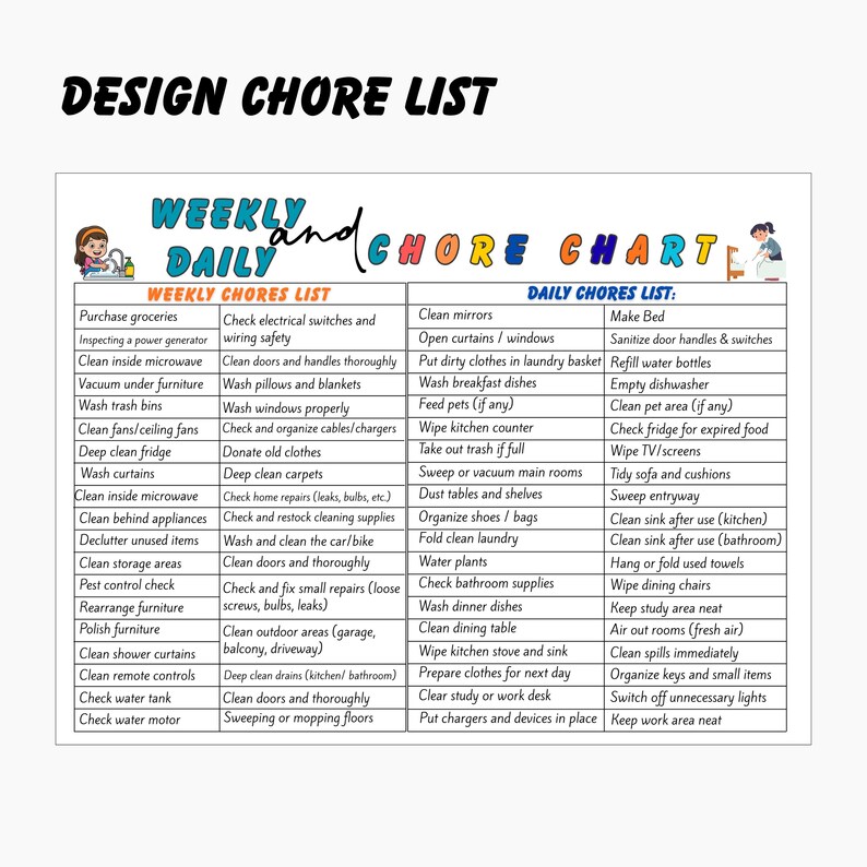 Chore Chart | Digital Printable Daily & Weekly Chore List | Family Home ...