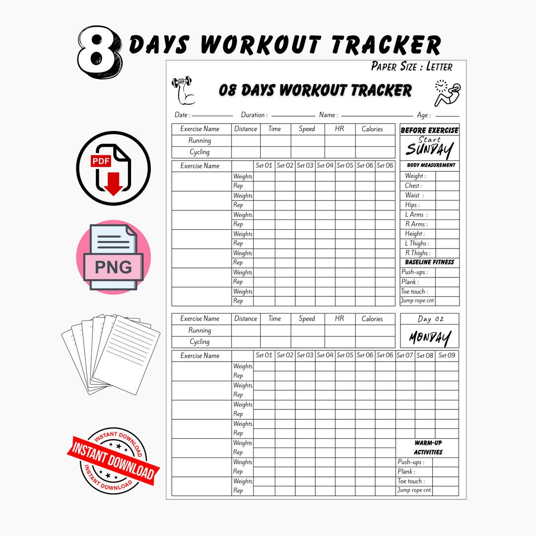 8-day Workout Tracker | Fitness Journal for Men & Women (digital ...