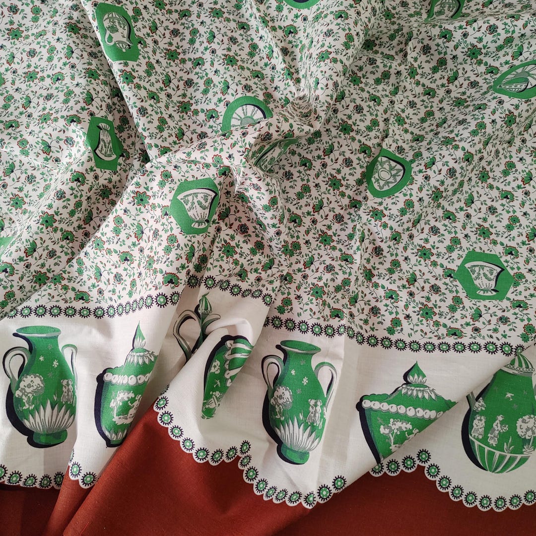 Vintage NOS 1930s Apron Fabric Border Green Chocolate Brown White 35 ...