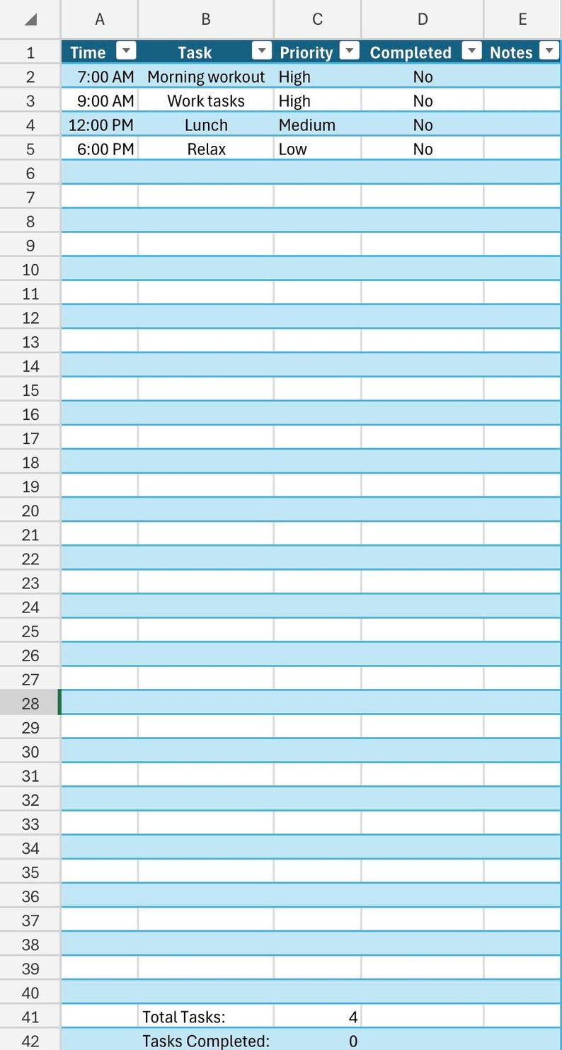 Feuille de calcul Excel de l'agenda quotidien | Planificateur de ...