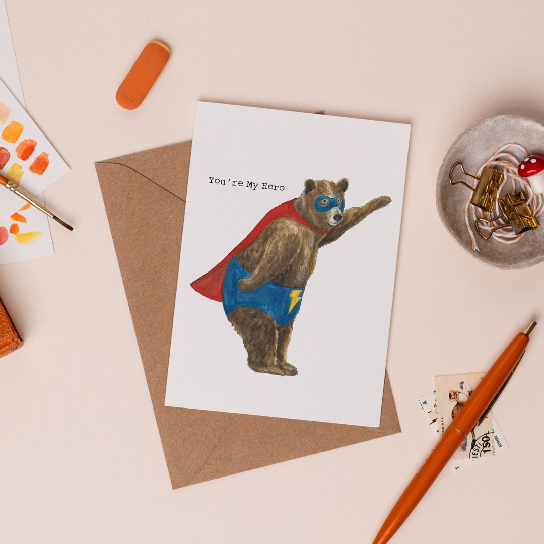 Super Hero Bear Greetings Card: Watercolor Thank You Illustration - Etsy
