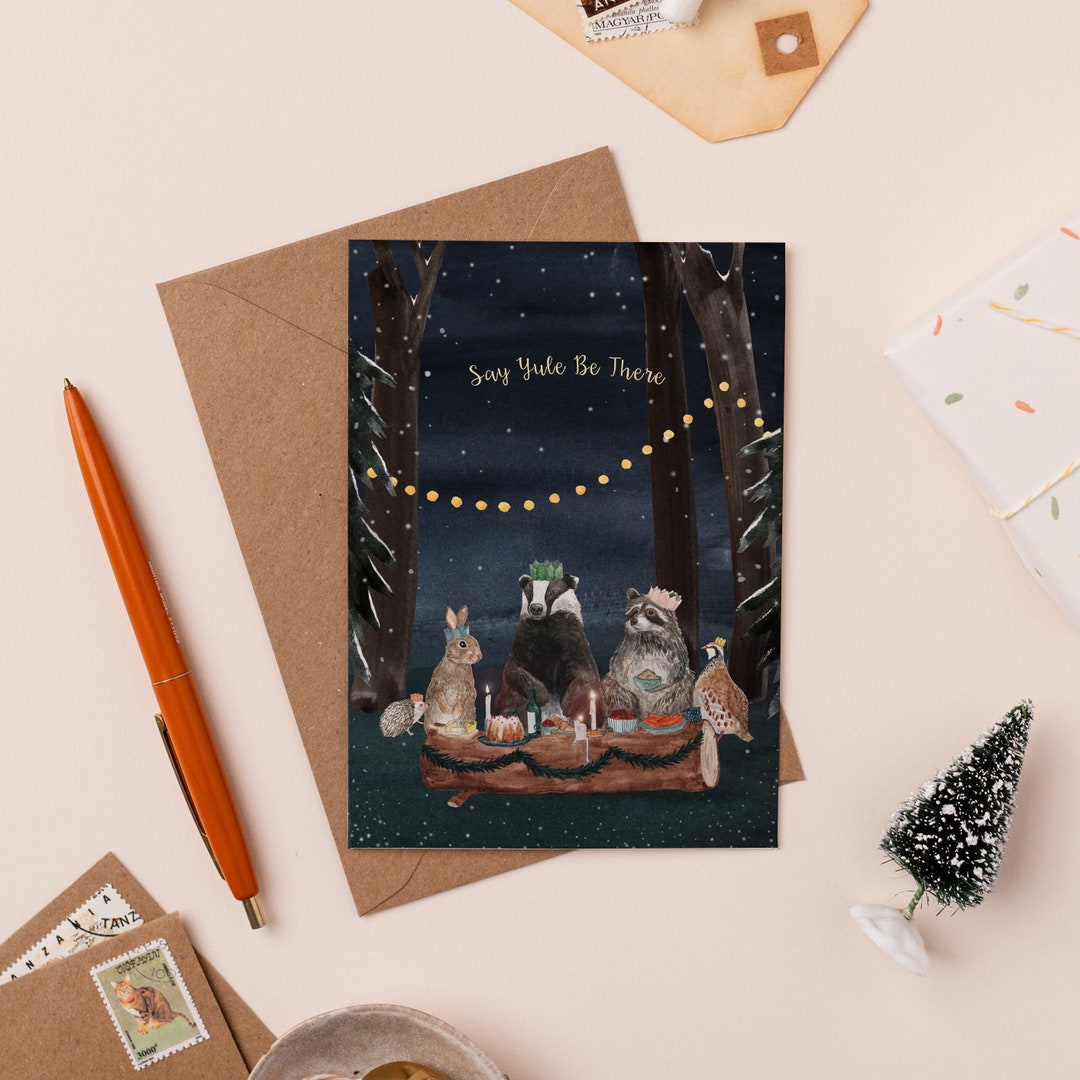 Say Yule Be There Christmas Card: Funny Woodland Friends Illustration ...
