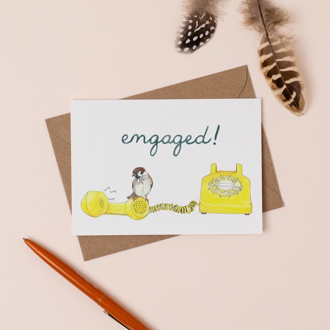 Funny Engagement Card: Sparrow & Telephone Watercolor Illustration - Etsy