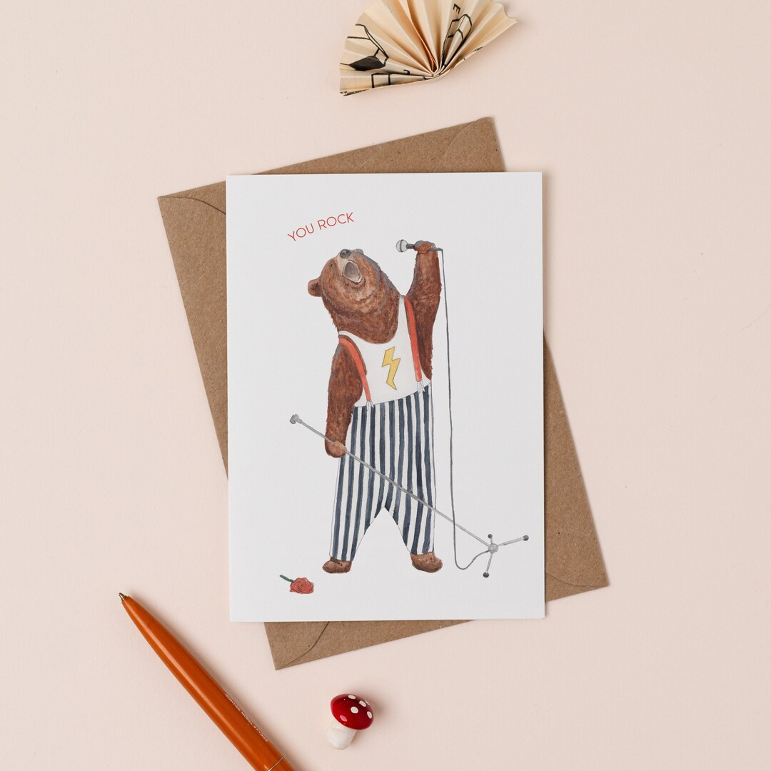 You Rock Card | Rockstar Bear Illustration | Bear Thank You Card ...