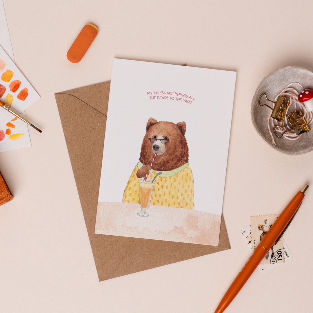 My Milkshake Brings All the Bears Greetings Card: Funny Bear Watercolor ...