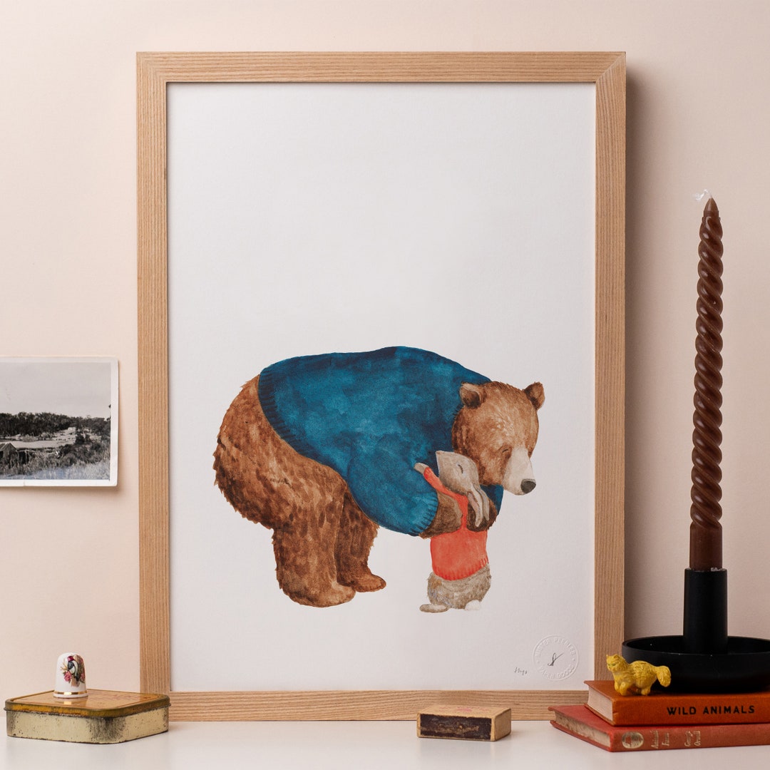 Hugs Print | Bear and Bunny Wall Art | Cuddling Illustration | Animal ...