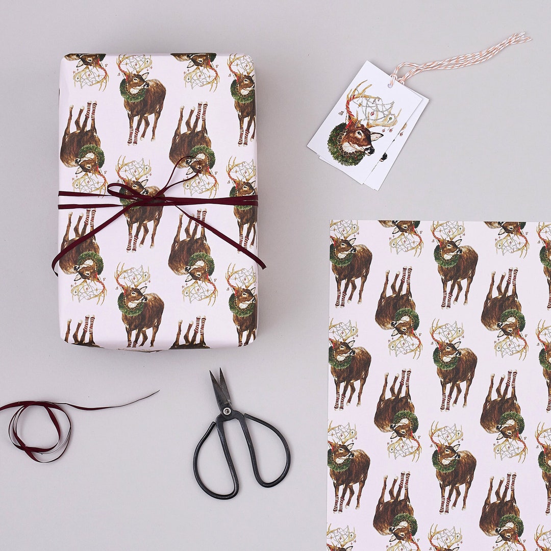 Christmas Deer Wrapping Paper Christmas Gift Wrap Illustrated Wrap Deer ...