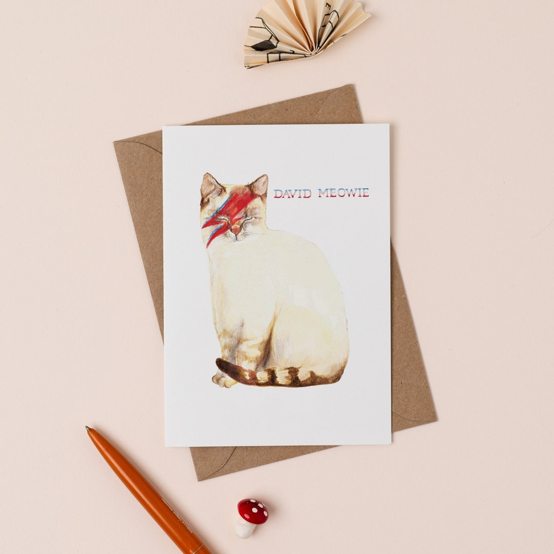 David Meowie Card: Funny Cat Drawing, Bowie Pun Greetings Card - Etsy