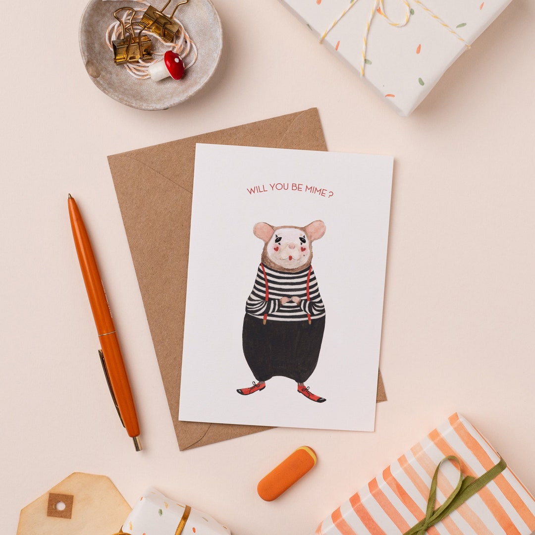 Will You Be Mime Greetings Card | Cute Mouse Card | Valentine's Pun ...