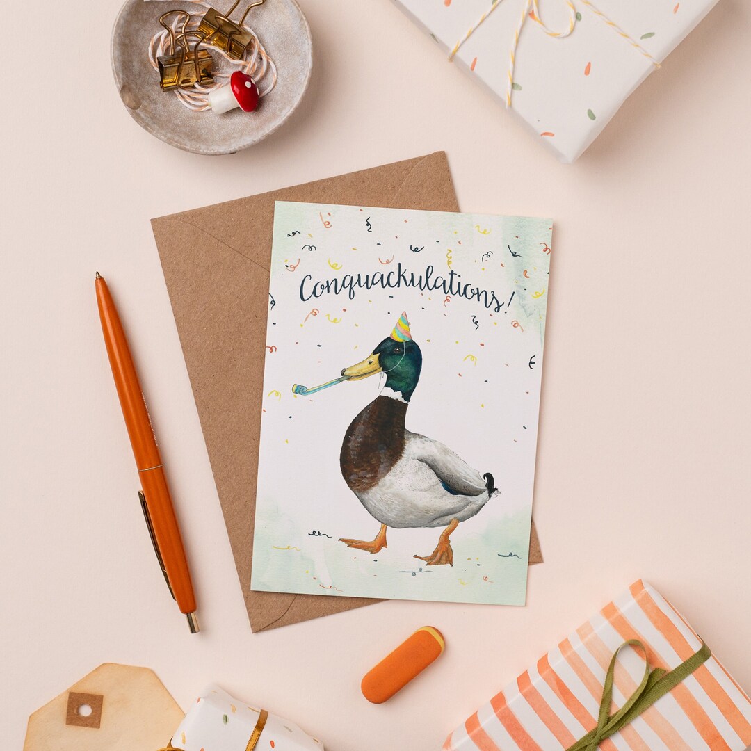 Conquackulations Duck Card: Funny Watercolor Congrats Card - Etsy