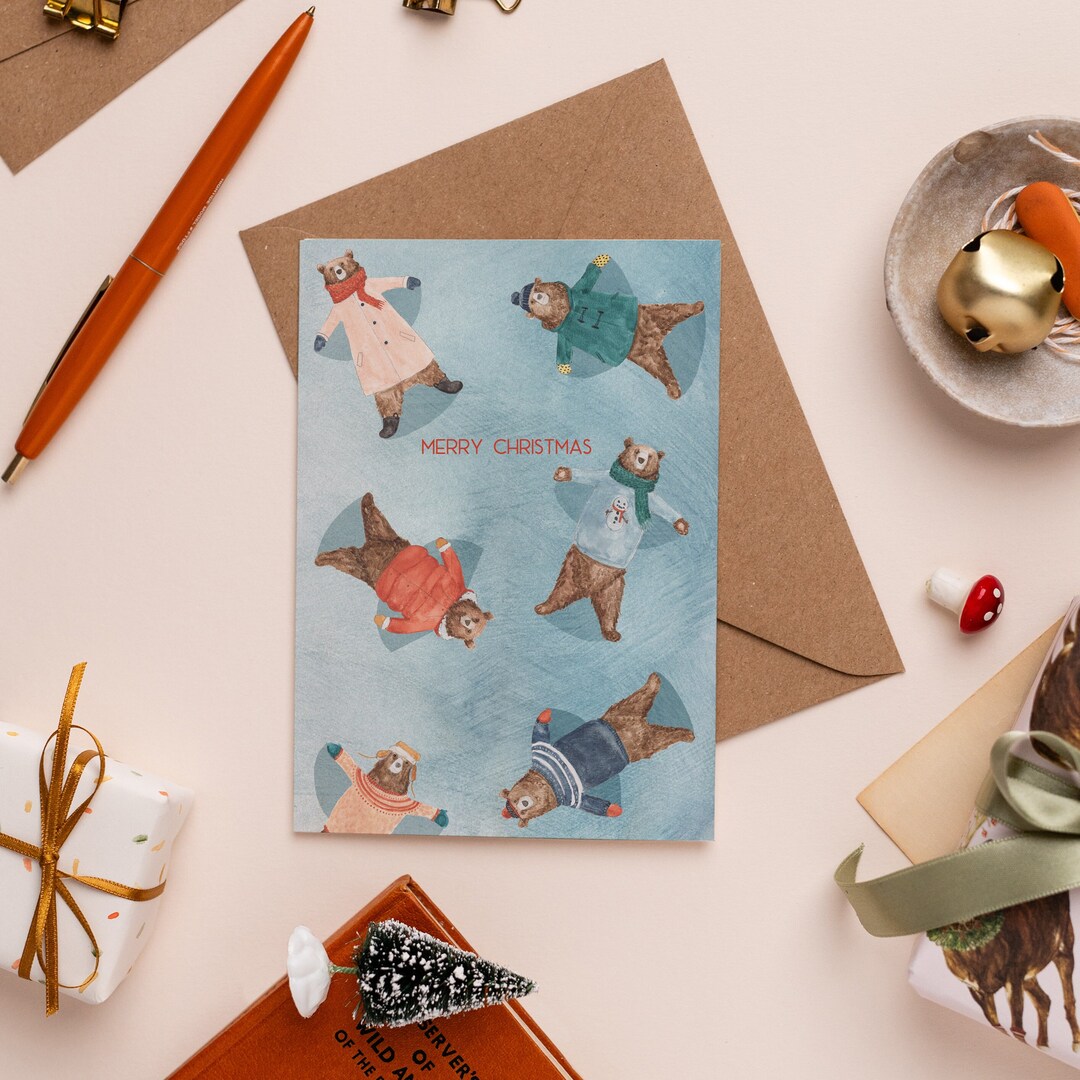 Snow Angels Christmas Card | Cute Holiday Card | Bear Christmas Card ...