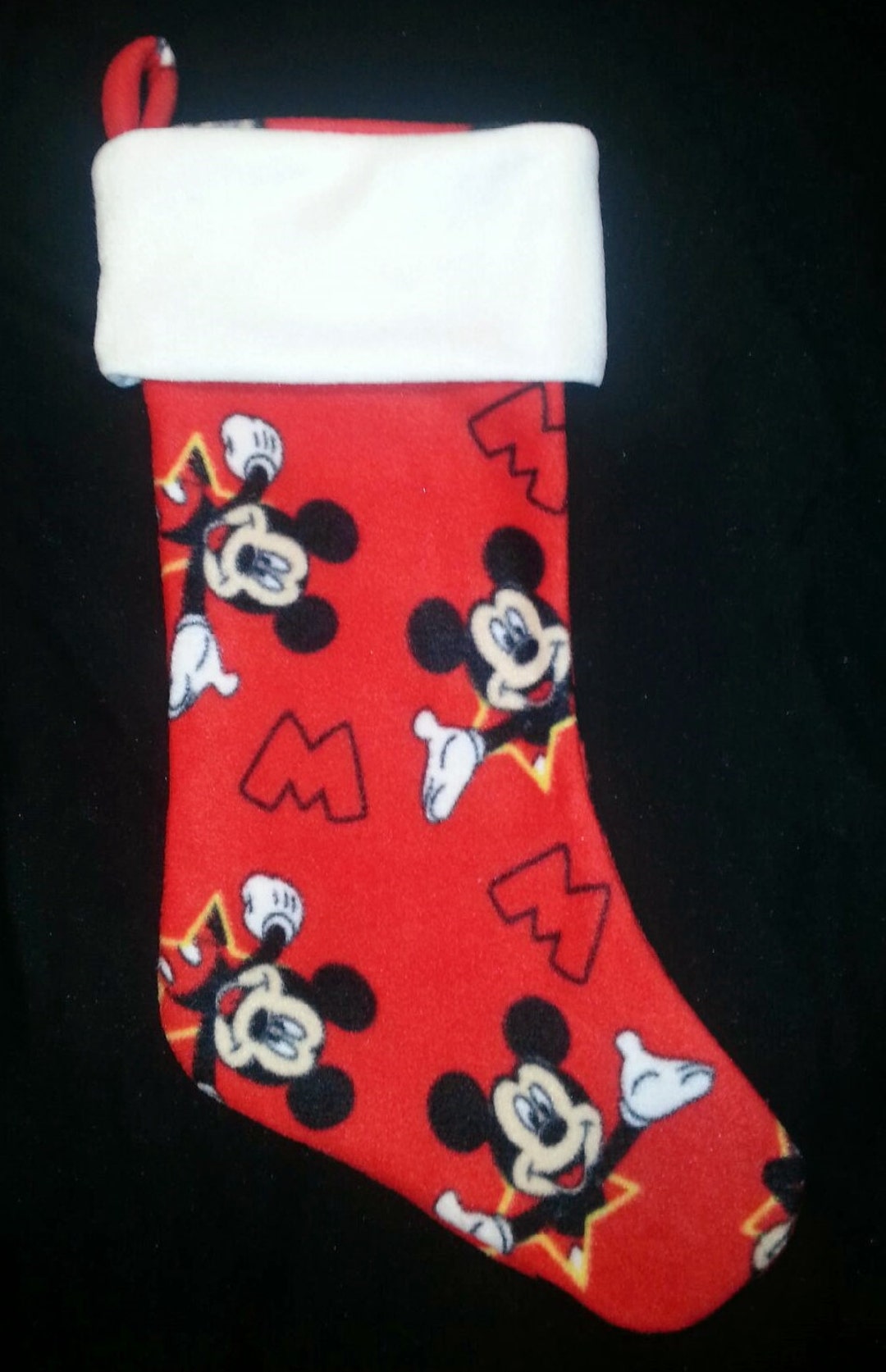 Red Mickey Mouse Holiday Christmas Stocking W/ Solid White Fleece Cuff ...