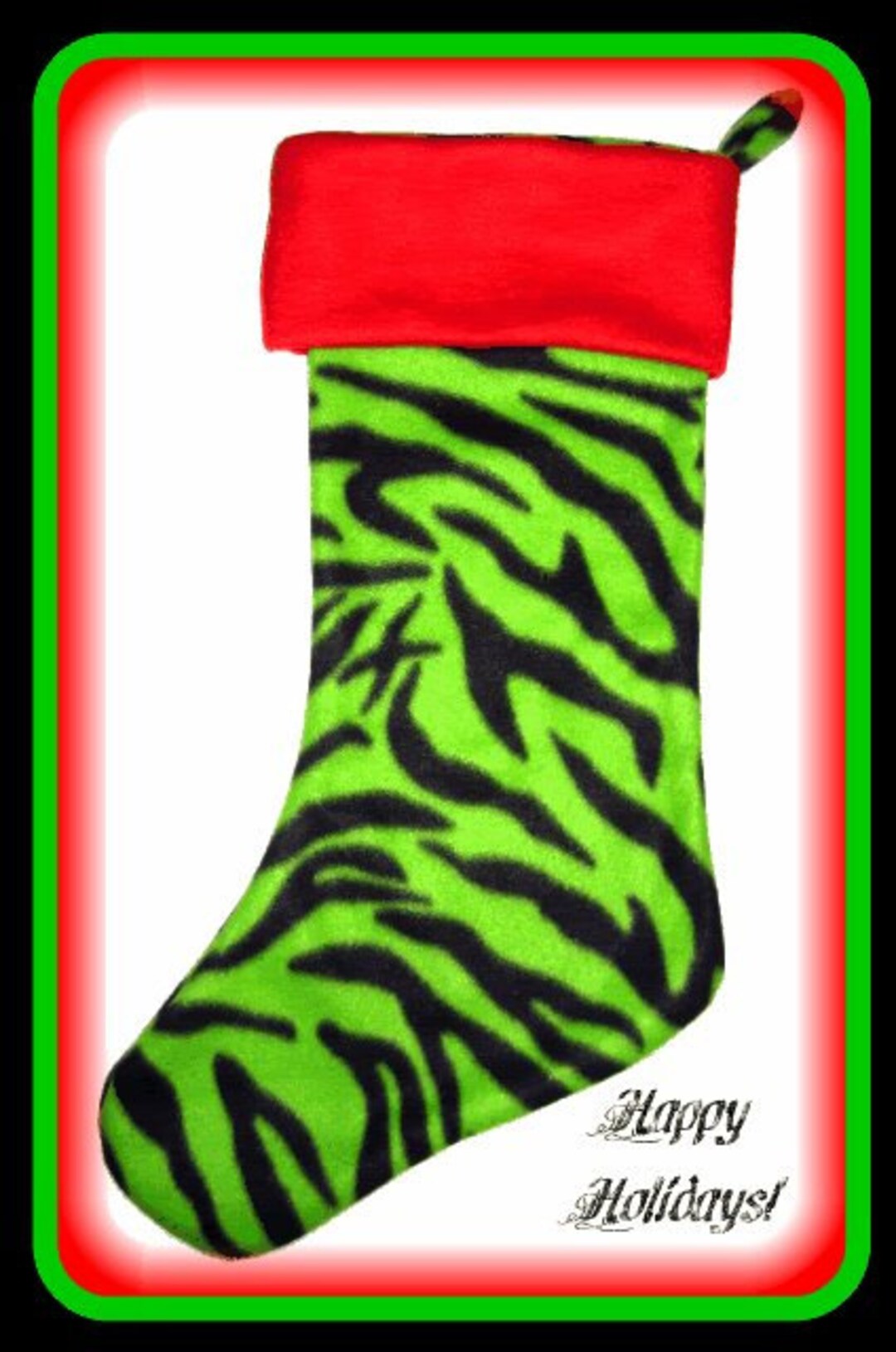 Black & Green Zebra Print Holiday Christmas Stocking W/ Solid Fleece ...
